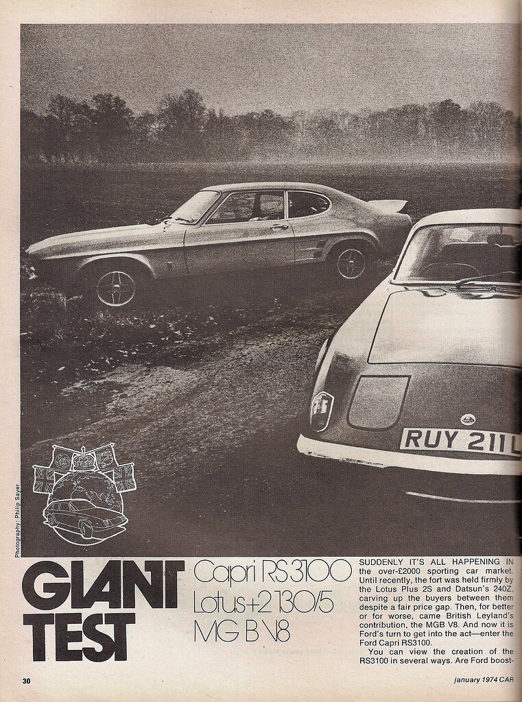 Ford Capri RS3100 - Lotus Elan +2 130/5 & MGB GT V8 Group Road Test ...